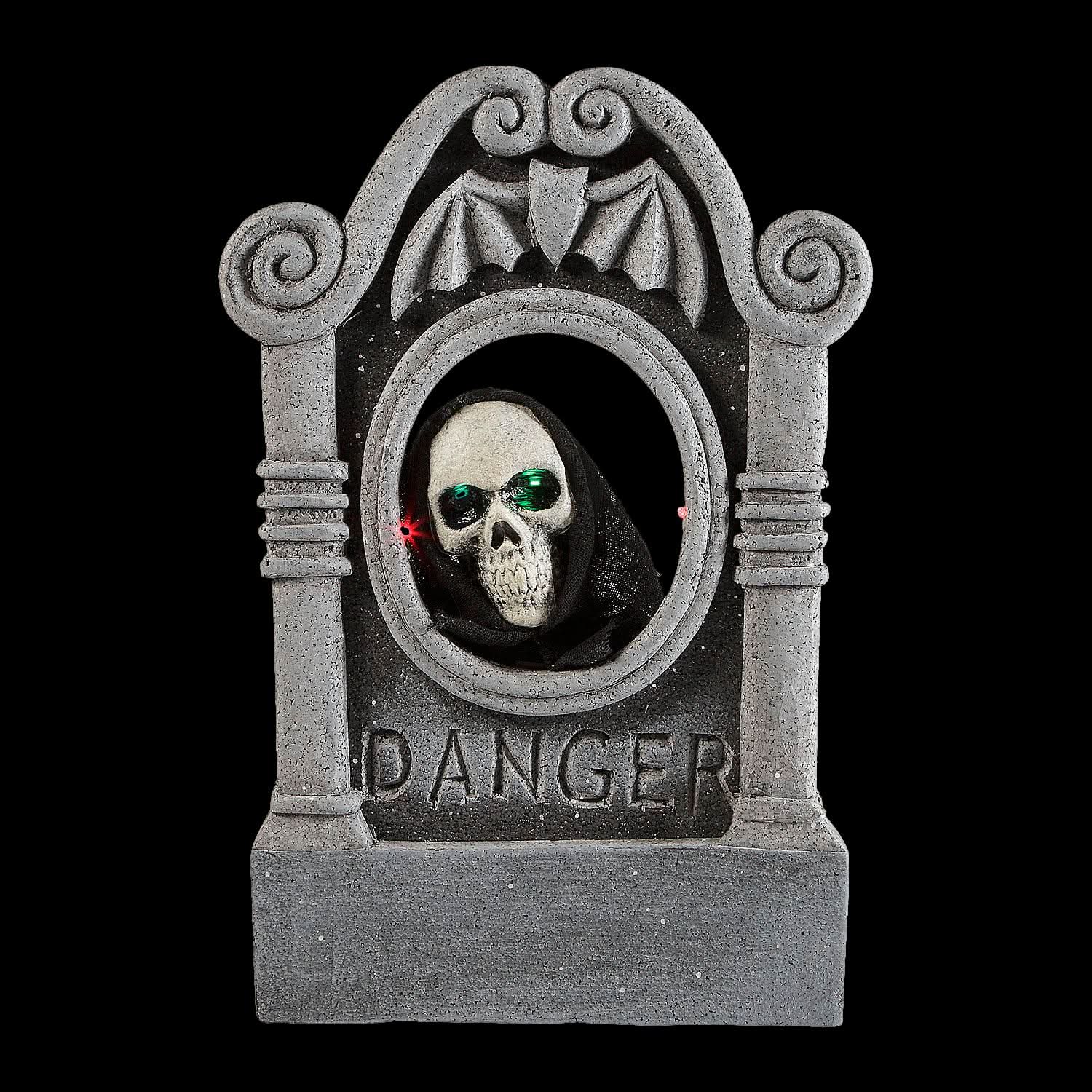 22” Gray Tombstone with Light-Up Moving Skeleton Head Halloween Decora ...